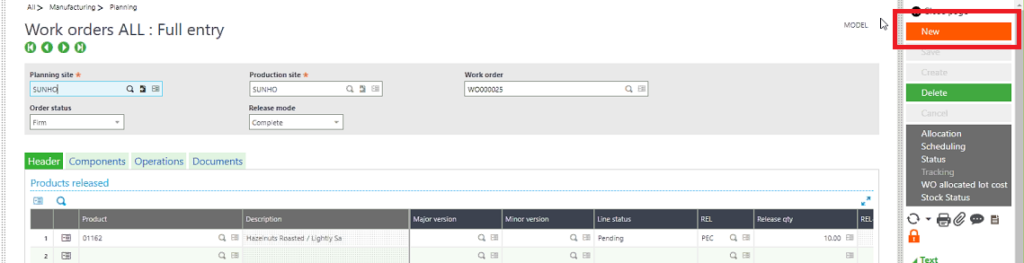 How to Create Work Order, 2 in Sage X3